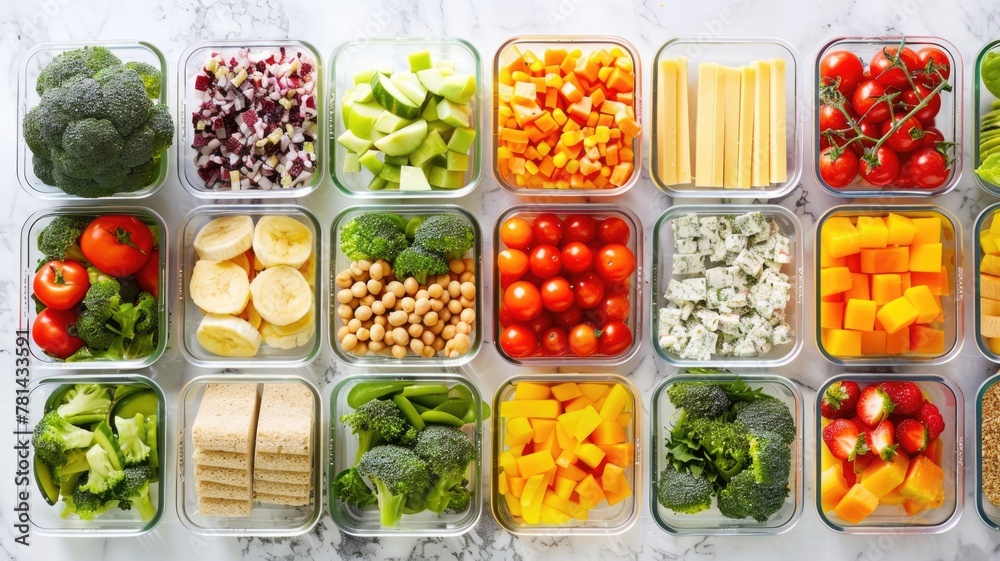 organized and vibrant photo of various healthy foods neatly arranged in ...