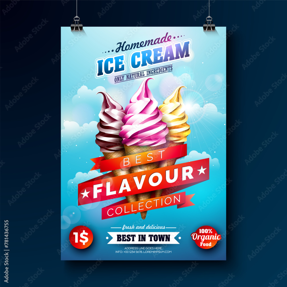 Delicious Ice Cream Flyer Design with Classic Taste Sundaes on Blue ...