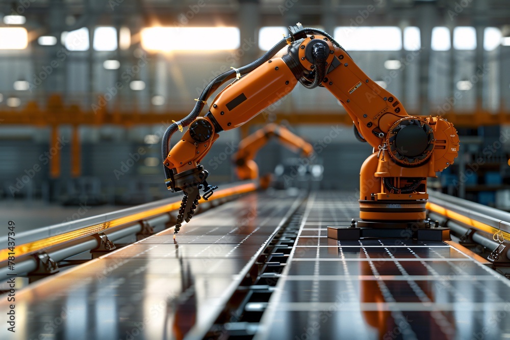 Innovative technology in action An orange industrial robot arm ...