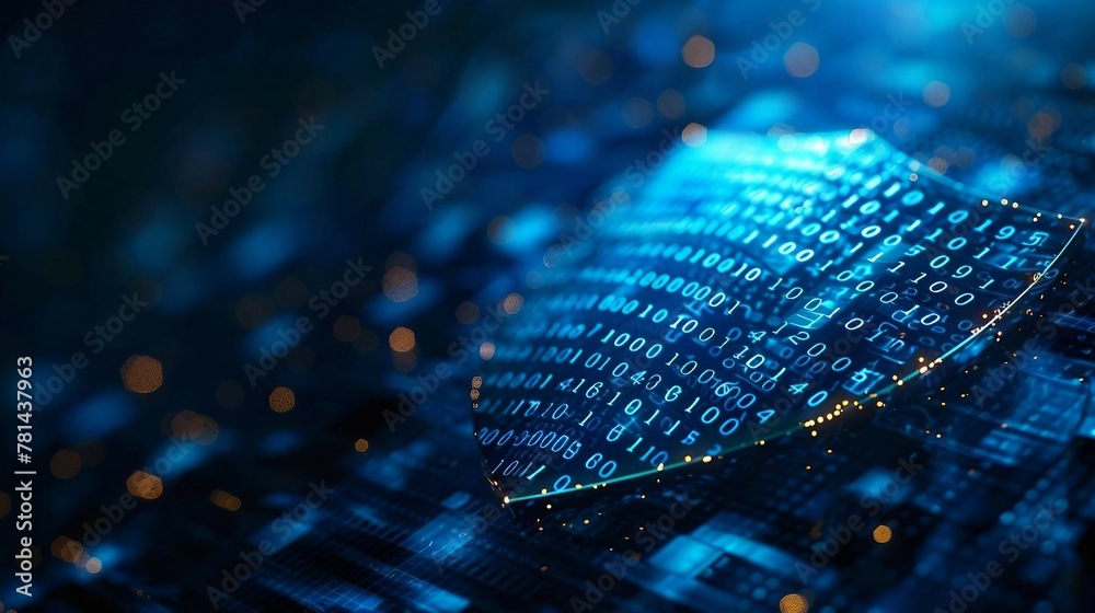 digital blue guard shield icon with glowing binary code, AI in security defense systems, threat ...