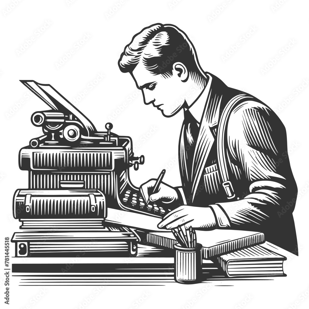 man using a vintage adding machine and writing in a notebook, depicting ...