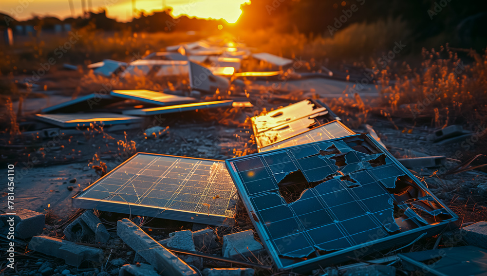 A broken solar panel, a torn panel mount lie on the ground ...