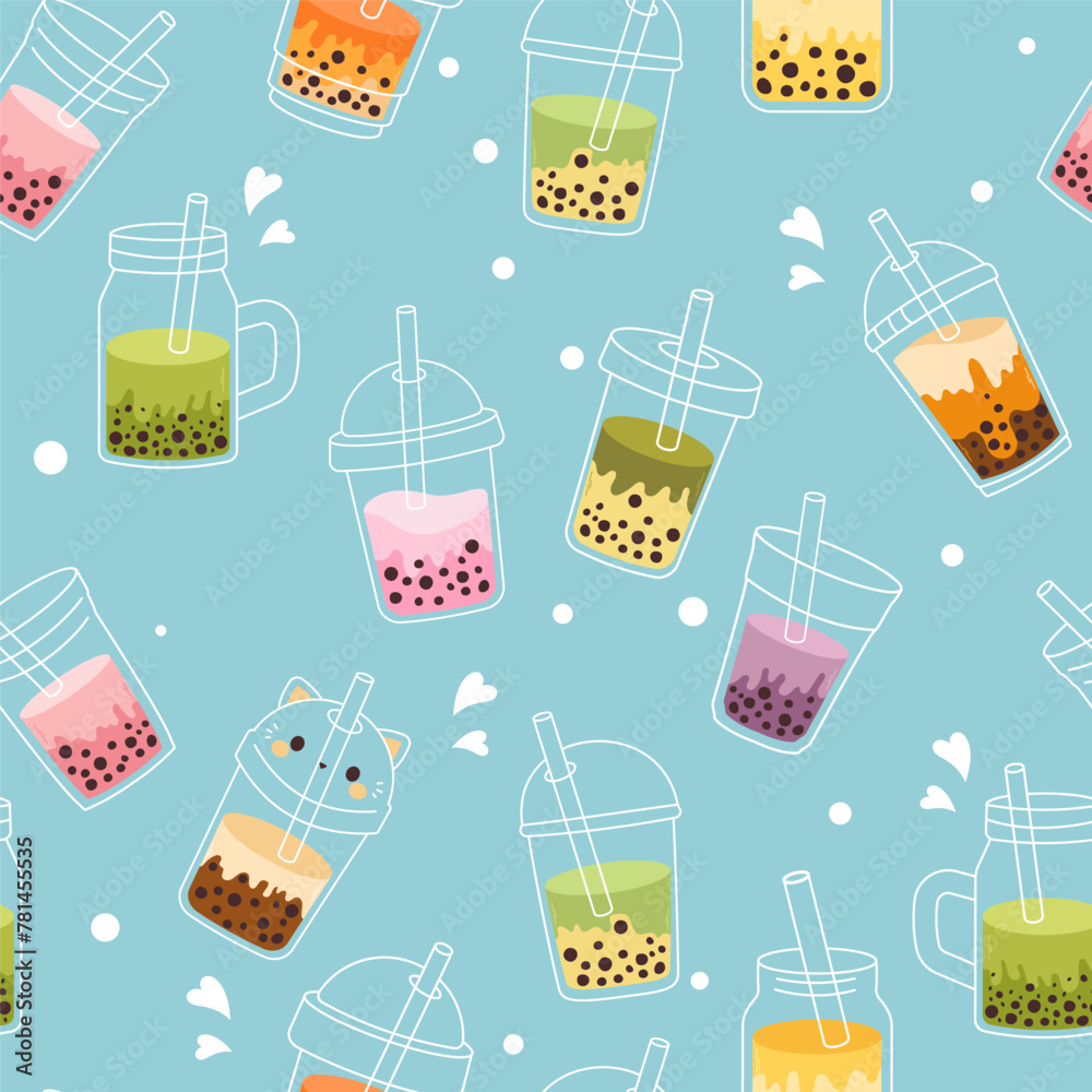 Modern seamless pattern with bubble tea. Endless background with boba ...