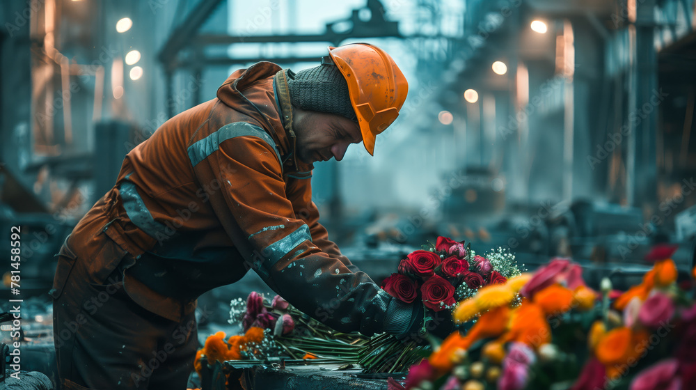 A worker wearing helmet is laying out flowers on the floor of an ...