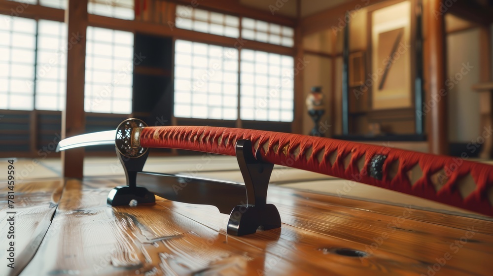 Katana sword on wooden stands in traditional Japanese room. Samurai ...