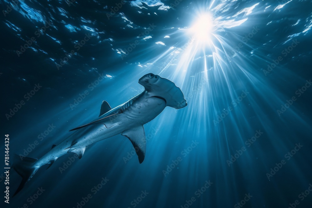 A shark swims amidst sunbeams in its natural ocean habitat, A surreal ...