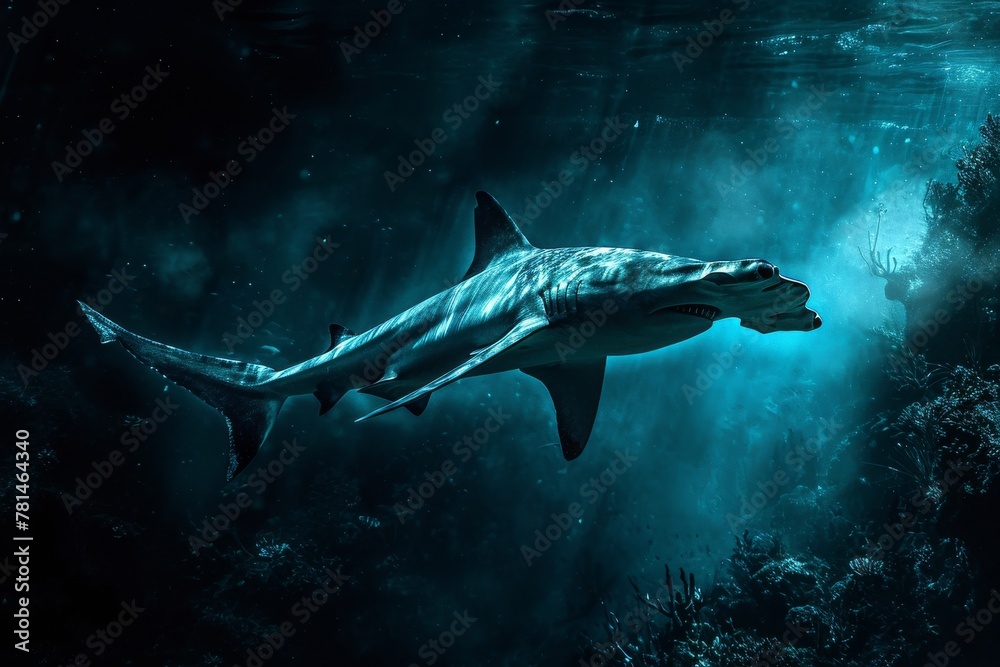 A large shark gracefully moves through the deep blue ocean, showing its ...