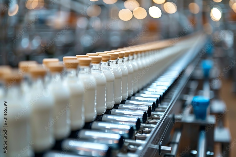 Rows of milk bottles on a conveyor belt within a production facility ...