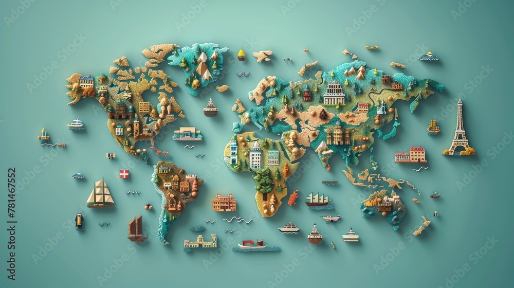 Travel and Tourism: A 3D vector illustration of a world map ...