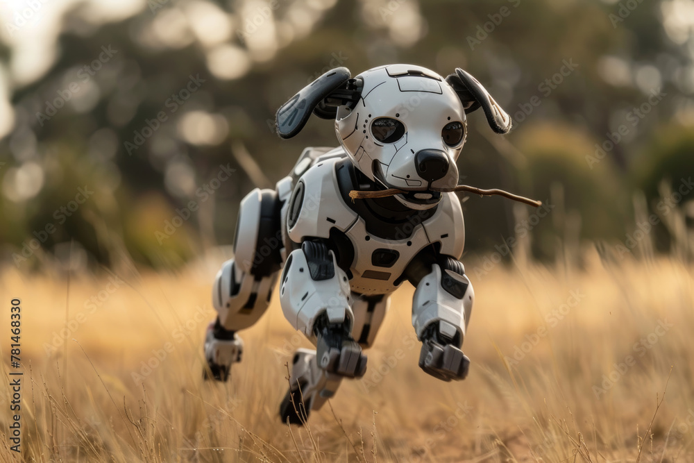 A robot dog is running through a field with a stick in its mouth. The ...