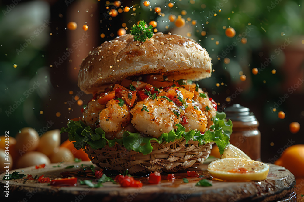 An explosion of flavor is captured as a juicy burger with vibrant ...