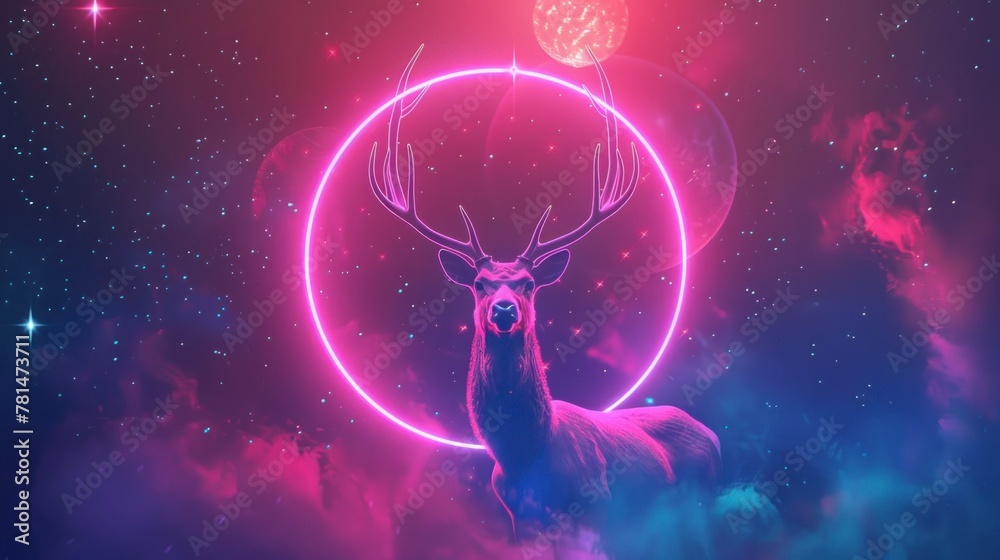 deer inside a neon circle with starry background in high resolution and ...