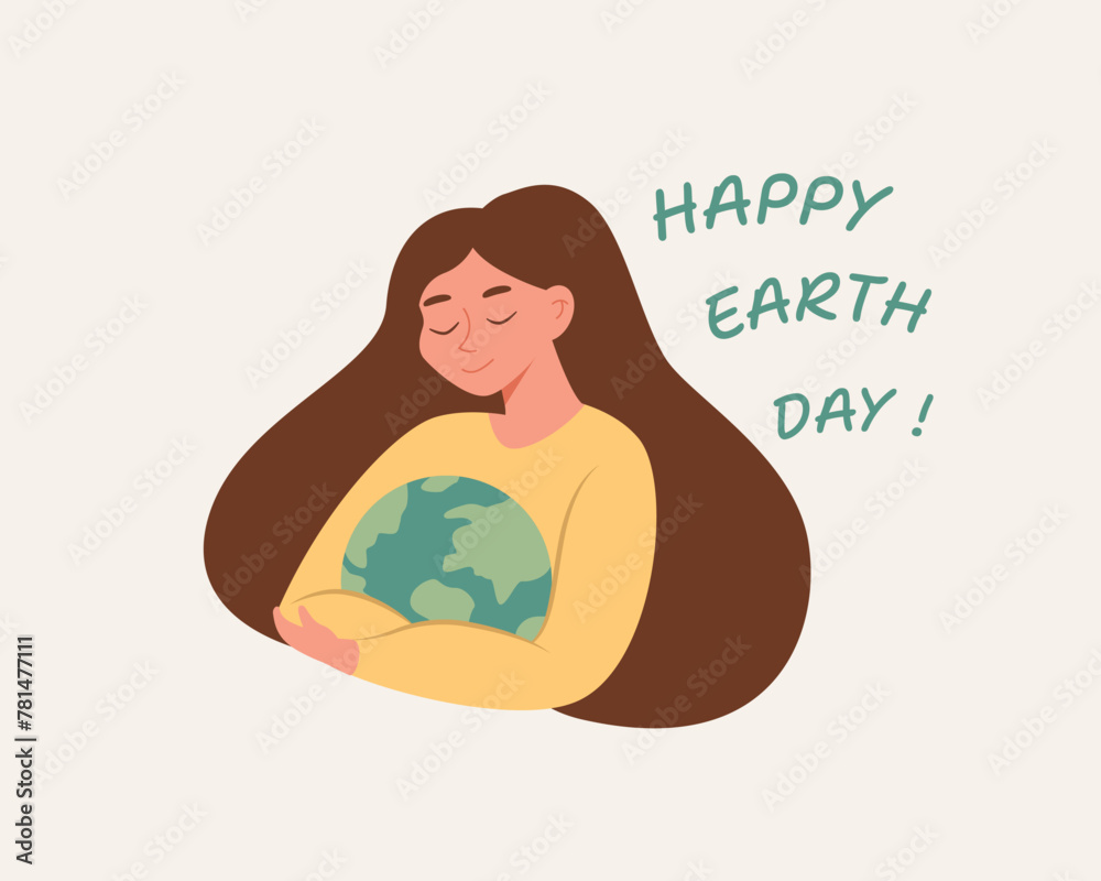 Happy Earth day. Female character holding globe like a baby. Hugging ...
