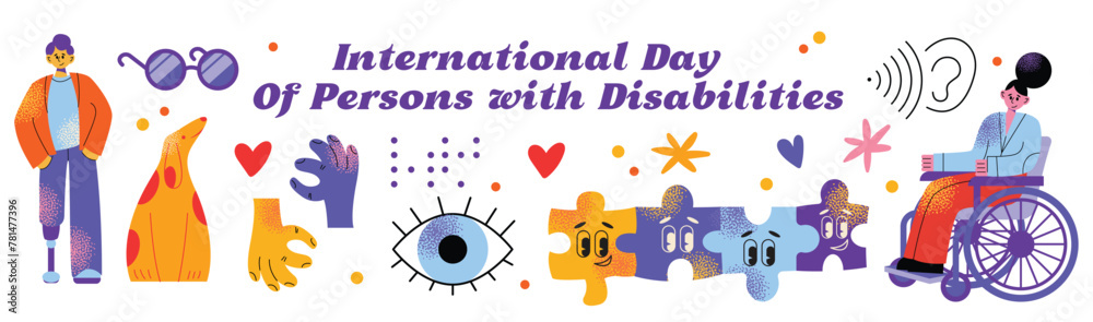 Group of diverse happy smiling disabled people and guide dog, eye ...