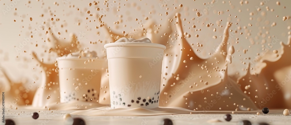 High resolution wool felt, small white cups with milk tea, few boba ...