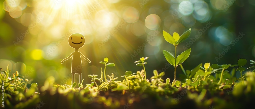 Line art stick figure with a smile, engaging in seed planting, set ...