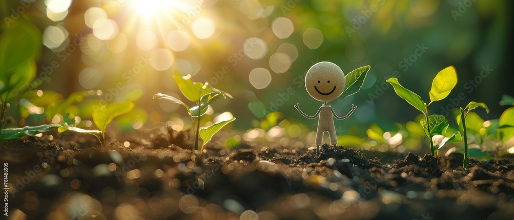 Line art stick figure with a smile, engaging in seed planting, set ...