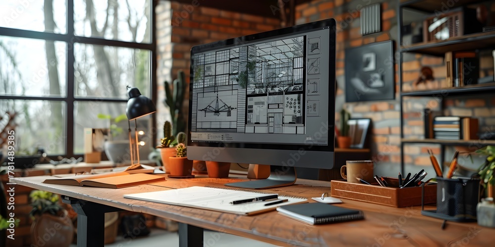 Architect s Workstation with CAD Software and Sketches on Desk in Organized Office Interior ...
