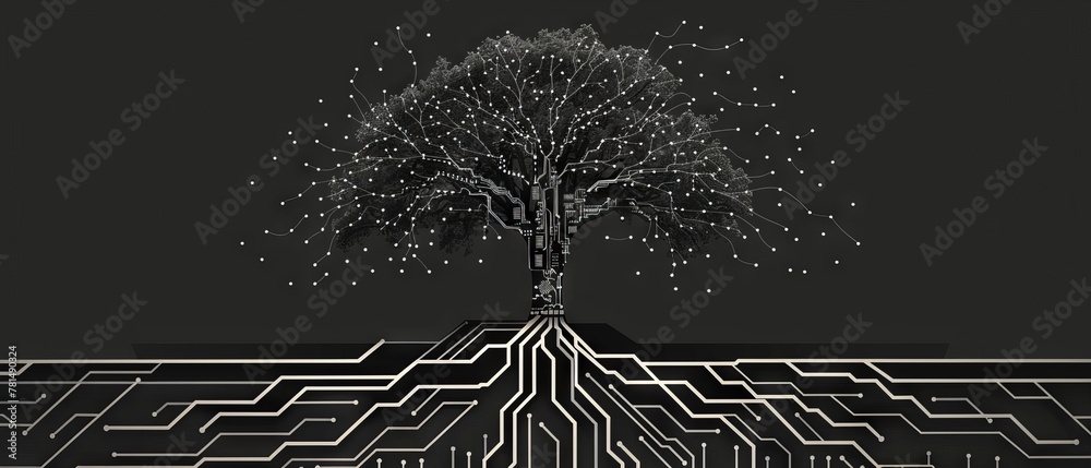 Black monochromatic logo, minimalist ash tree with circuit board design ...