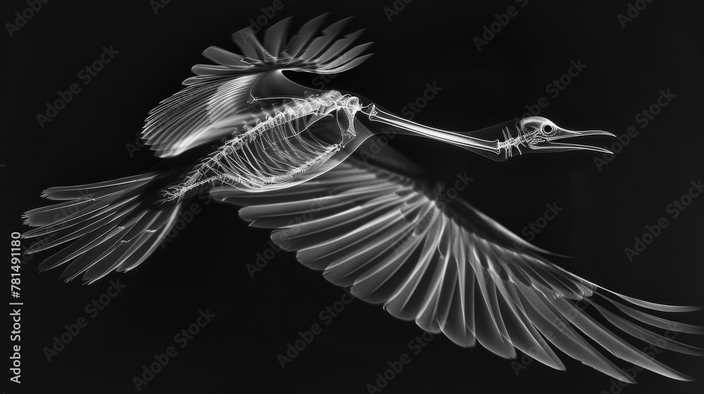 An X-ray film capturing the elegant skeletal structure of a bird in mid ...