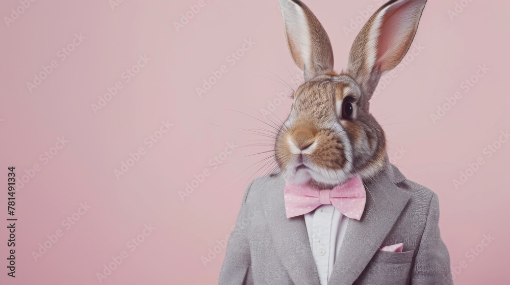 A sophisticated rabbit, posed in a light grey suit with a pastel bow ...