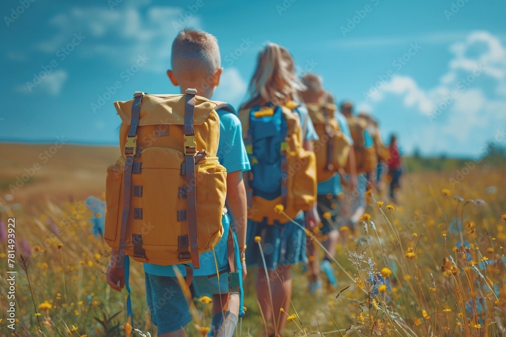 Joyful children with backpacks on a school field trip, vibrant ...