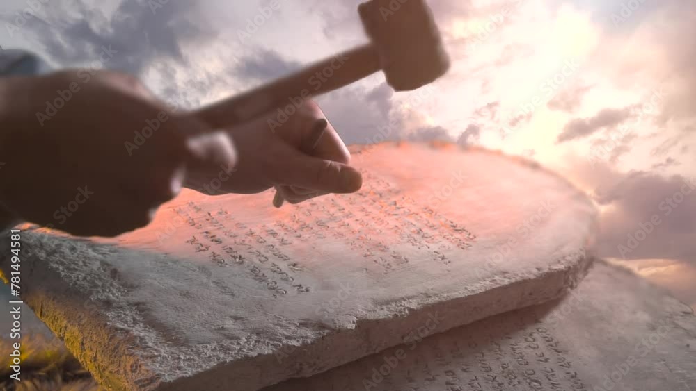 The biblica prophet Moses carves letters from stone on stone tablets of ...