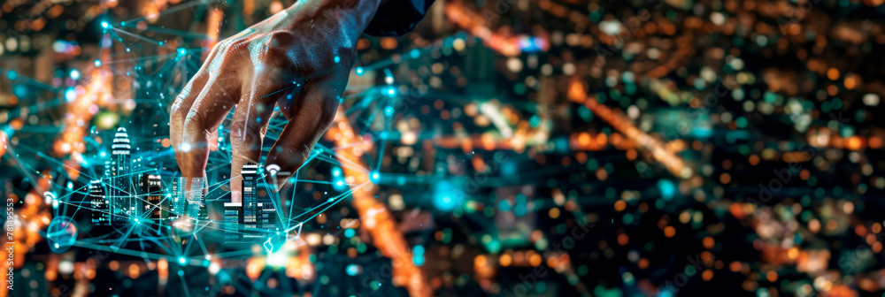 Open hand with futuristic city overlaid with network connections ...