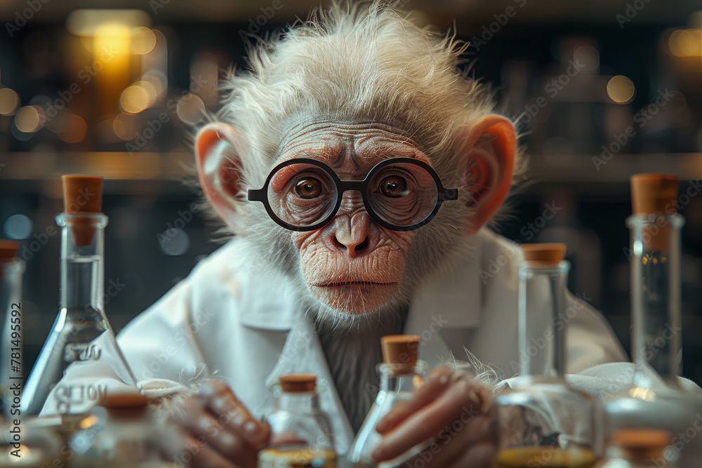 A curious monkey dressed in a scientist's lab coat, conducting ...