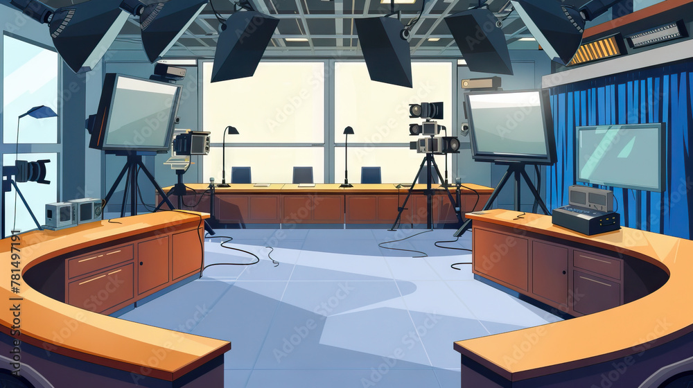 Silent Broadcast Studio: Vacant Anchor Desks, Quiet Teleprompters, and ...