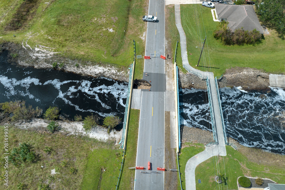 Repair of destroyed bridge after hurricane flood in Florida ...