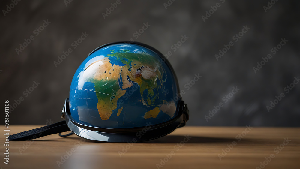 The planet Earth with the helmet on it. A safety and health concept for ...