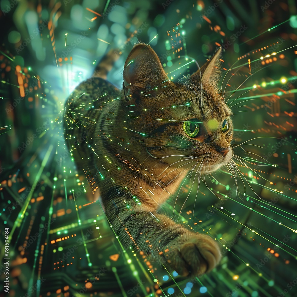 cat navigating through a virtual maze of codes and circuits the cats ...