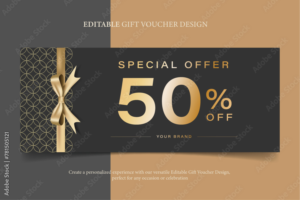 Black and golden Gift voucher coupon discount with Gold ribbon Luxury ...