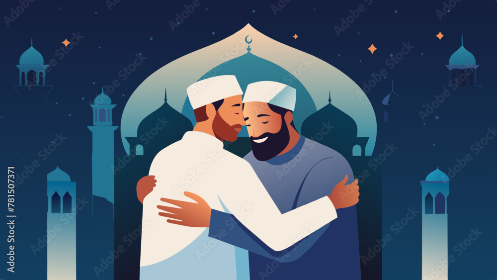 Embracing Brotherhood Eid Mubarak Vector Illustration of Two Muslim Men ...