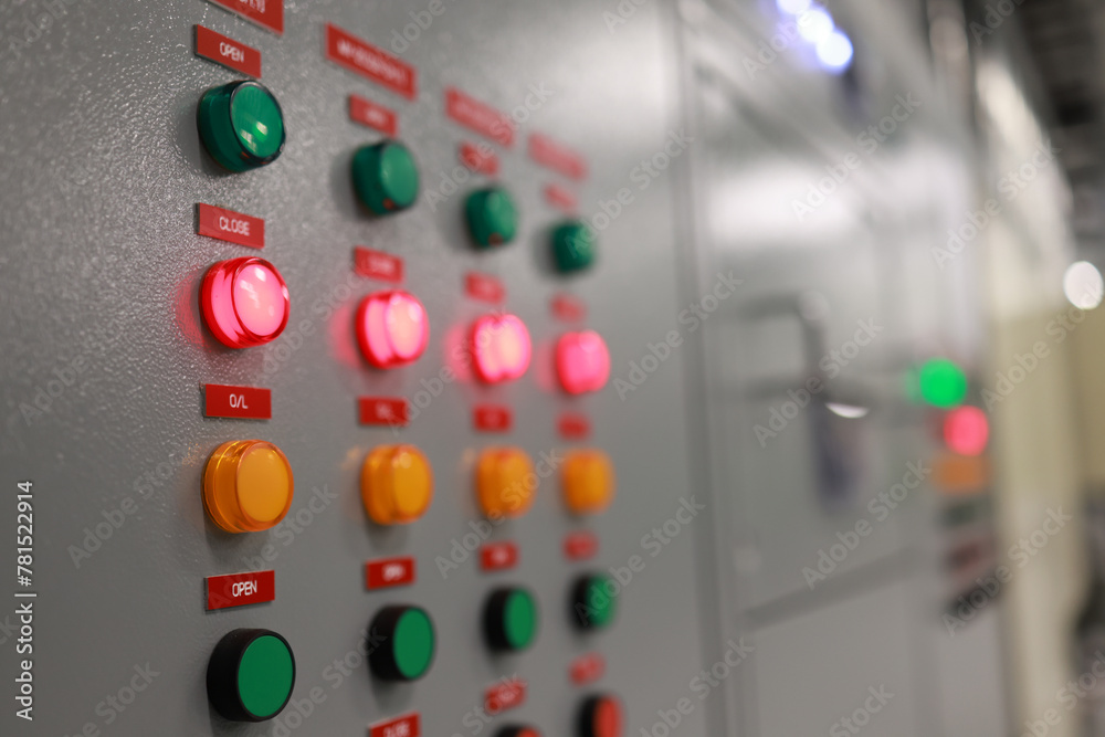 Colorful button and lamp on electrical control board, MDB panel ...