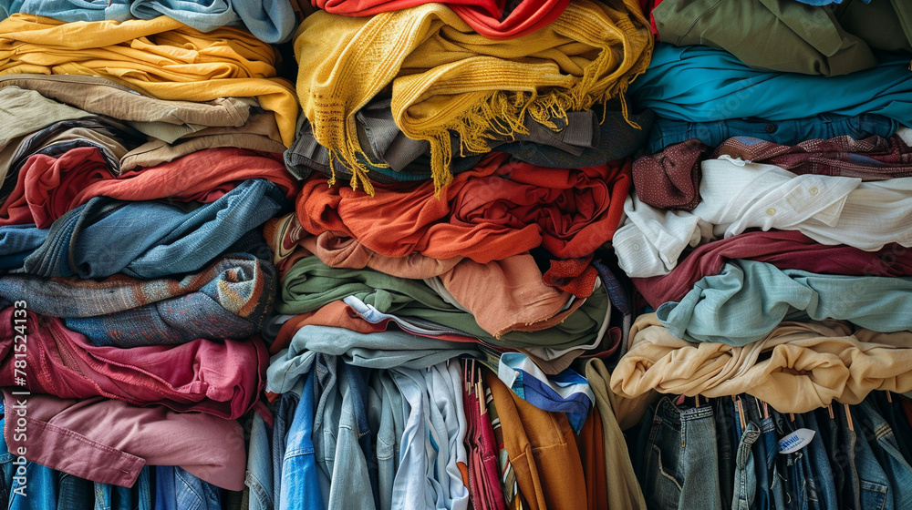 Large Pile Stack Of Textile Fabric Clothes. Concept Of Recycling. Up ...