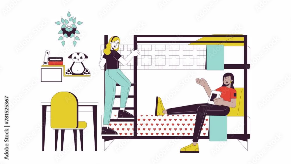 Girls dormitory line cartoon animation. Female roommates talking on ...