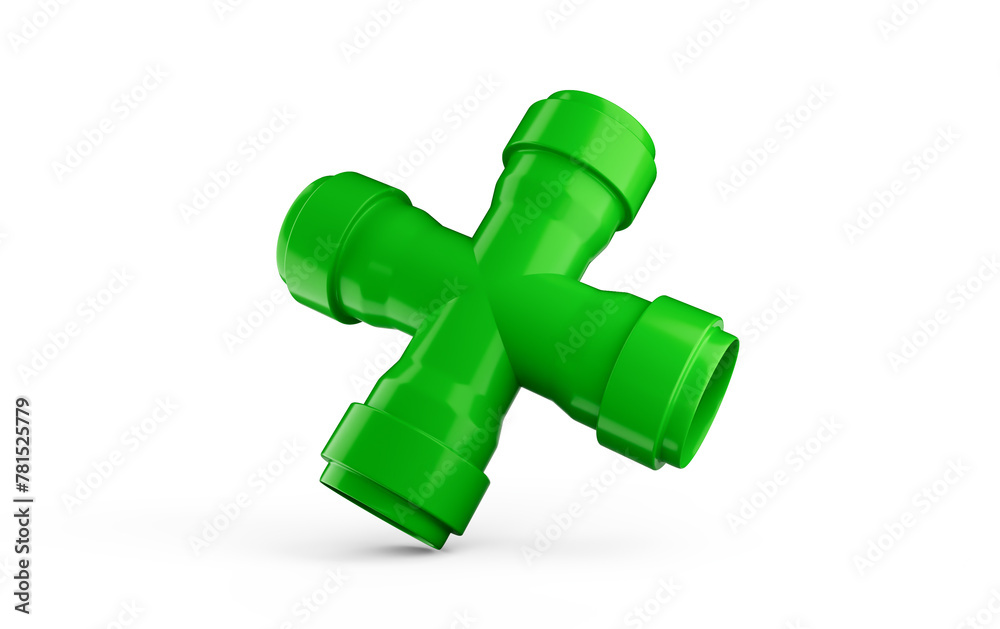 3D Green PVC Four-Way Pipe Connector Making Plus Sign Shape On White ...
