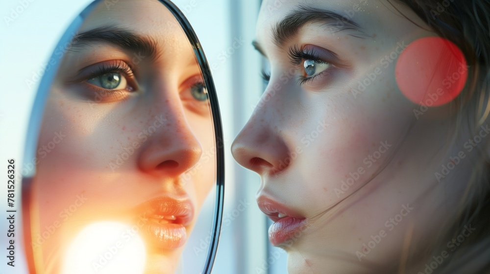 A woman gazes into a mirror, reflecting on her self-worth and autonomy ...
