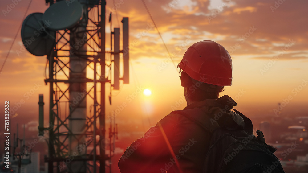 engineer wearing safety gear working at top of signal antenna.Working ...