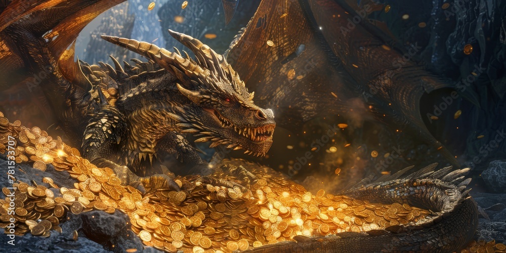 A dragon is laying on a pile of gold coins. The dragon is surrounded by ...