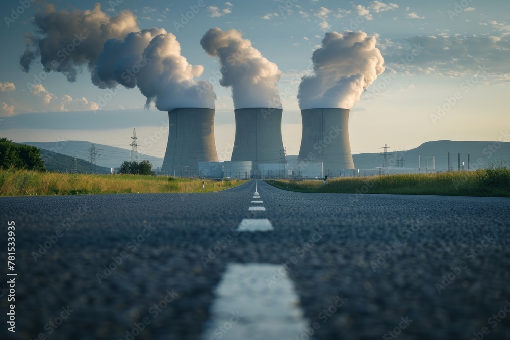 View from afar of a nuclear power plant, operating nuclear reactors ...