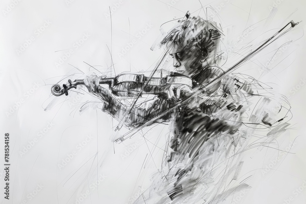 An energetic pencil sketch of a violinist, the motion and emotion of ...