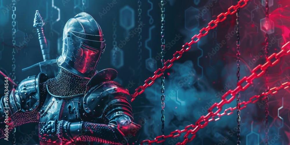 A knight in a suit of armor is surrounded by chains. The knight is ...