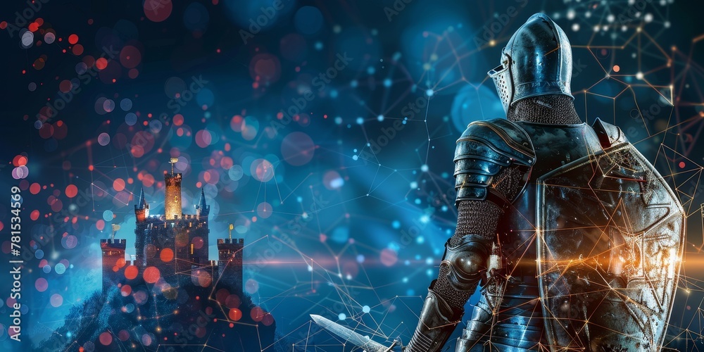 A knight stands in front of a castle, ready to defend it. The castle is ...