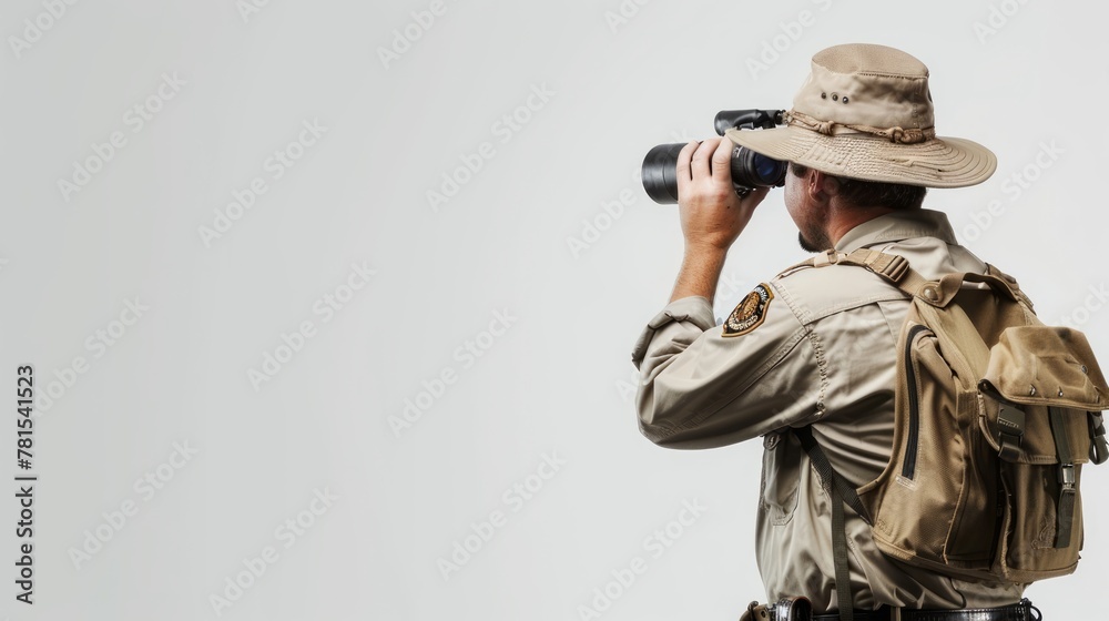 Park Ranger in a ranger uniform, with a hat and carrying binocular ...