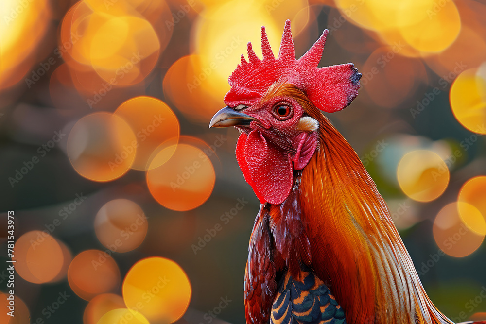 A rooster with a red head stands in front of a blurry background. The ...