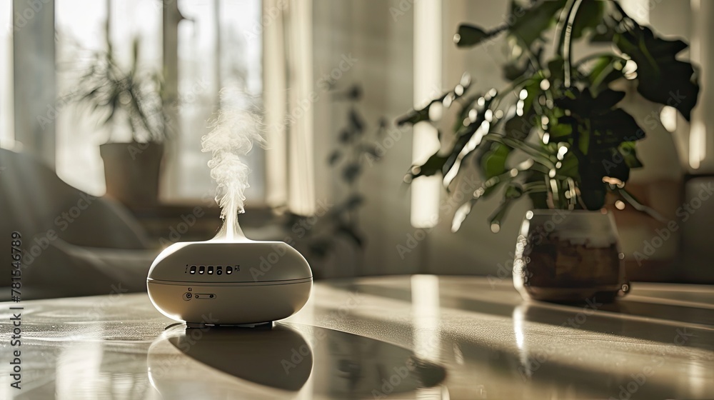 Aroma oil diffuser on table in modern home, steam rising from diffuser ...