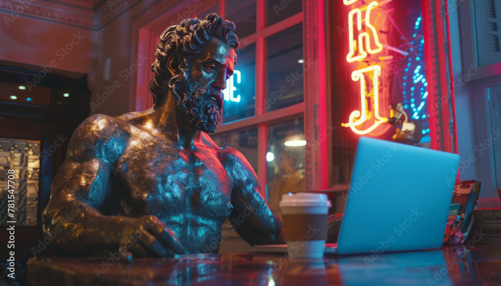 Bronze sculpture of a muscular man working on a laptop in a cafe ...